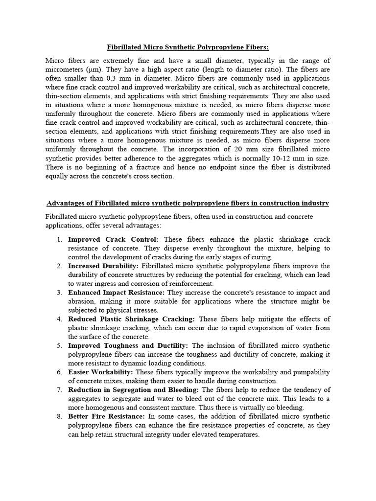 Fibrillated Micro Synthetic Polypropylene Fibers | PDF | Concrete | Fibers