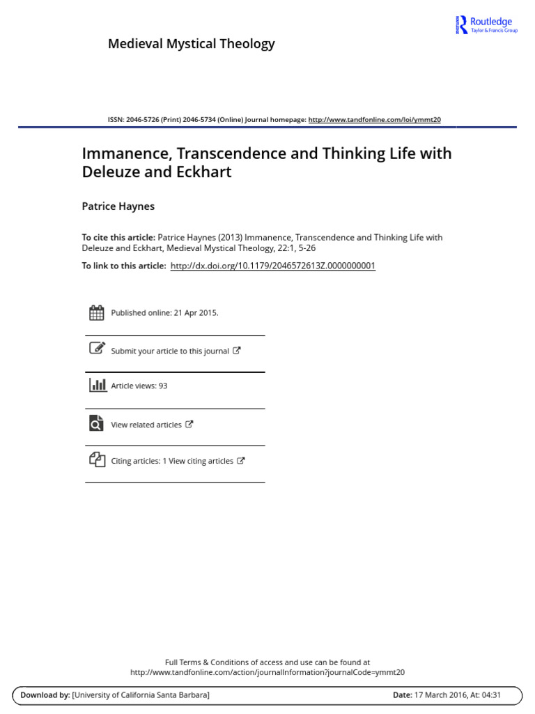 Patrice Haynes - Immanence, Transcendence and Thinking Life With ...