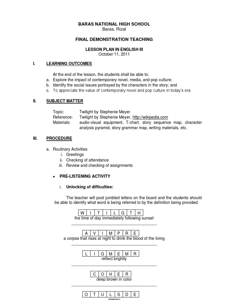 Twilight Lesson Plan | PDF | Twilight (Novel Series) | Paranormal ...