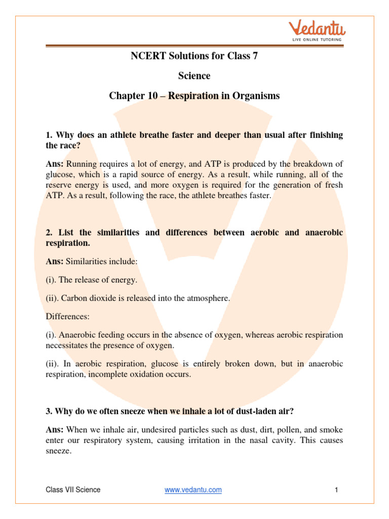 NCERT Solutions For Class 7 Science Chapter 10 - Respiration in Organisms - . | PDF ...