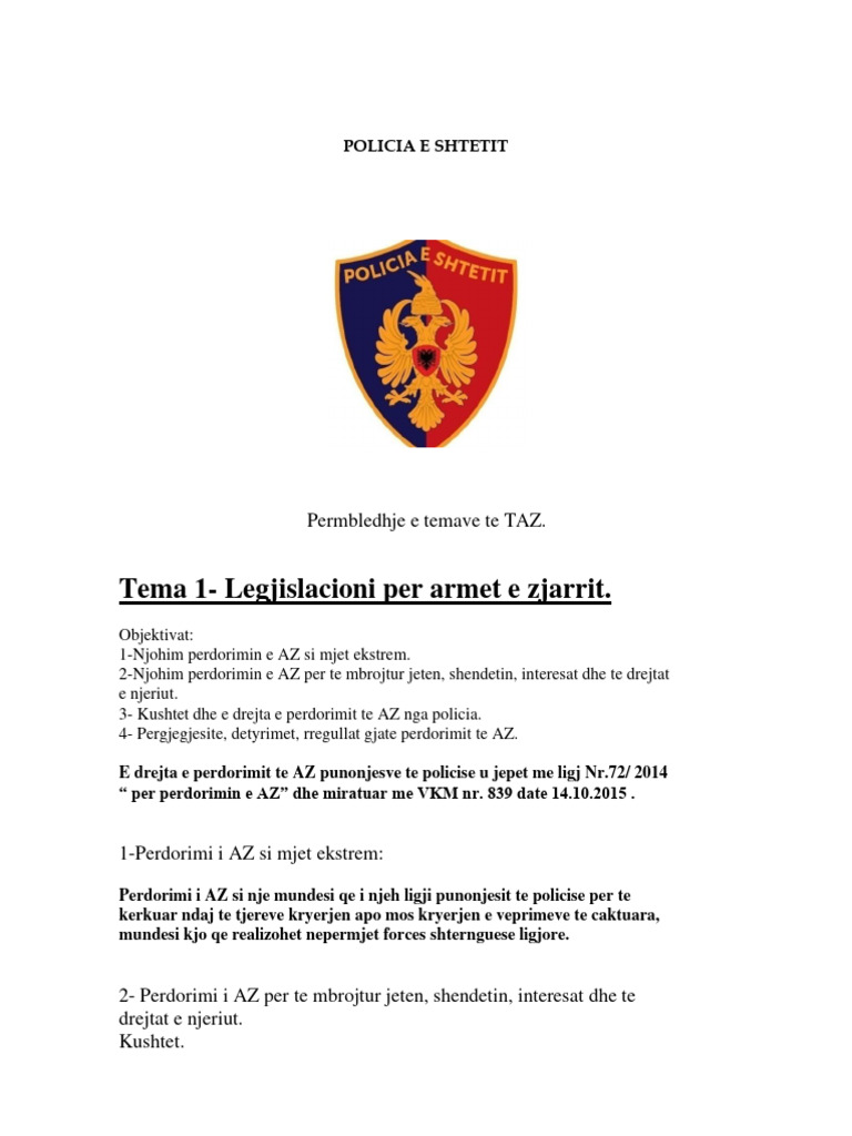 Tema 1-Legjislacioni Per Armet e Zjarrit.: Permbledhje e Temave Te TAZ ...