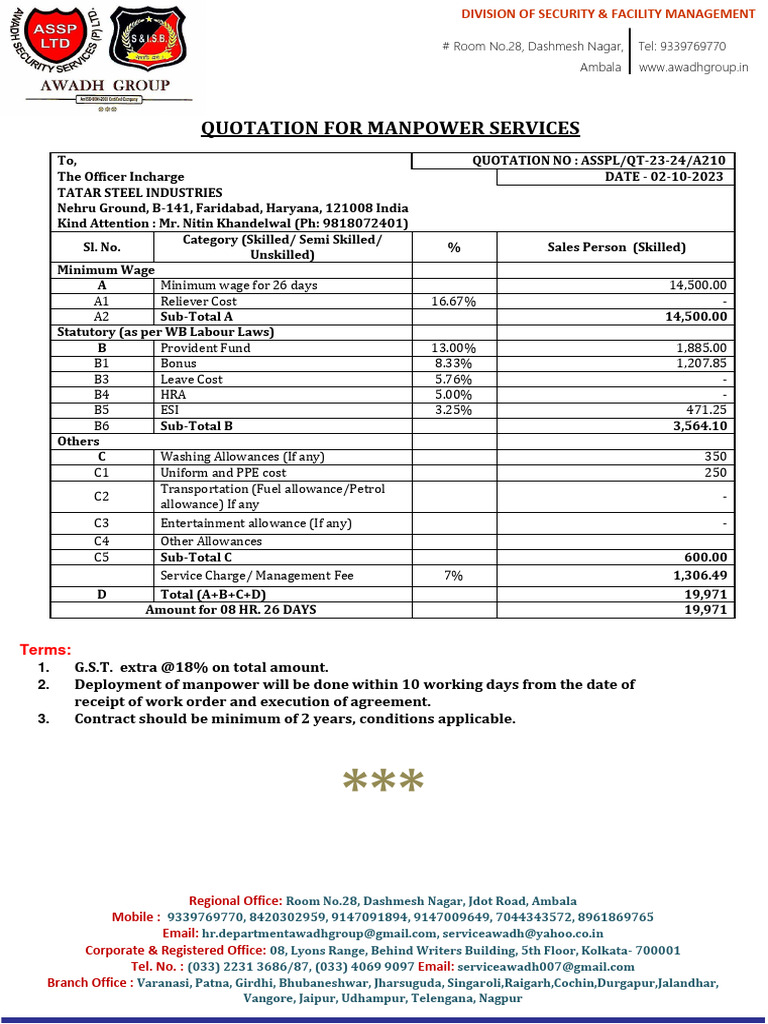 Quotation For Manpower Services: Terms | PDF | Business | Economies