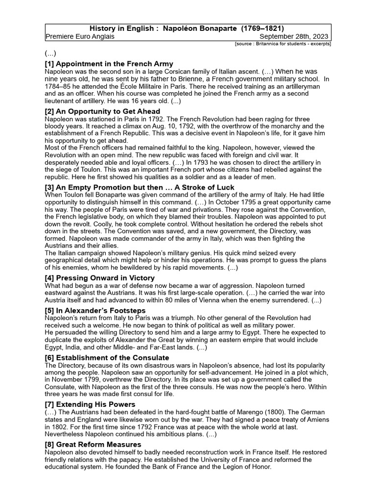 2023 09 28 - PREMIERE Euro Anglais - Handout On Napoleon (Britannica ... 2023 09 28 - PREMIERE Euro Anglais - Handout On Napoleon (Britannica ...