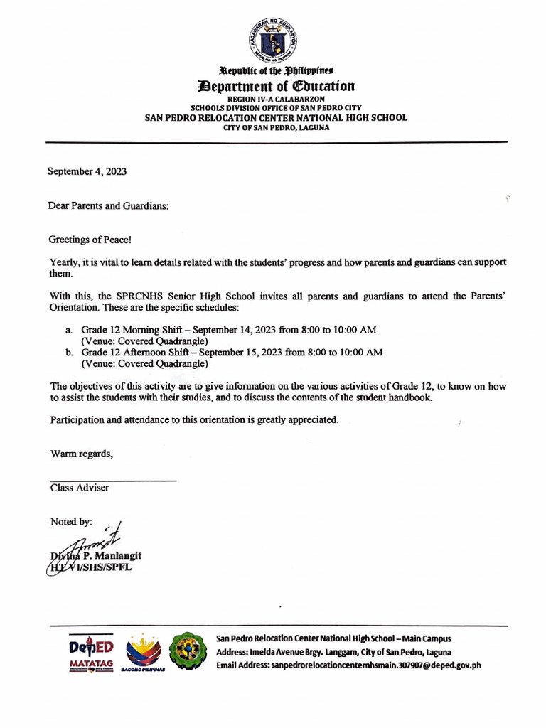 G12 Parents Orientation Letter | PDF