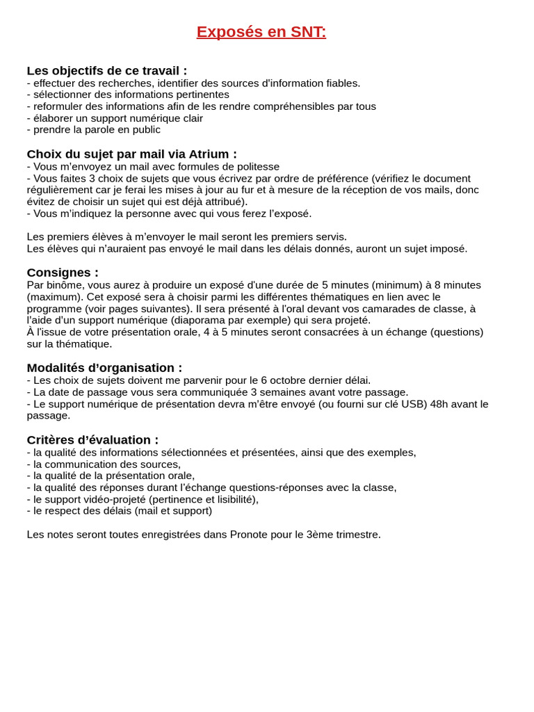 Exposés SNT 210 - 2023-2024 | PDF