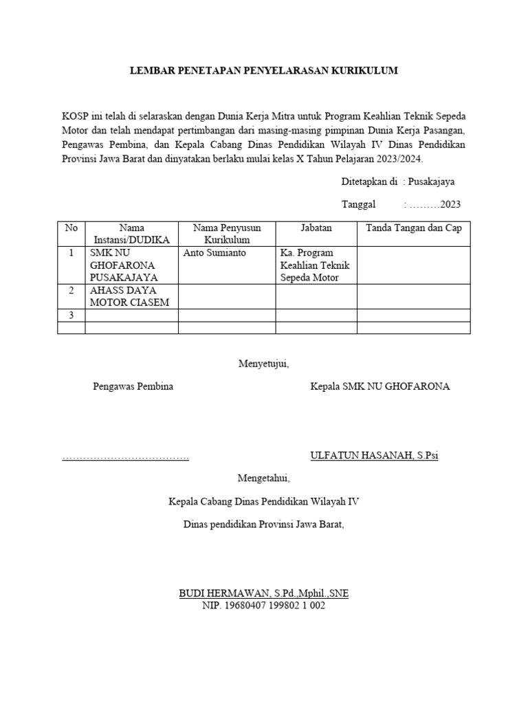 Lembar Penetapan Penyelarasan Kurikulum | PDF