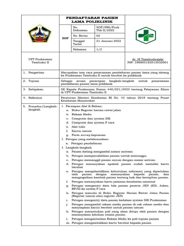 Sop Pendaftaran Pasien Lama Poliklinik | PDF