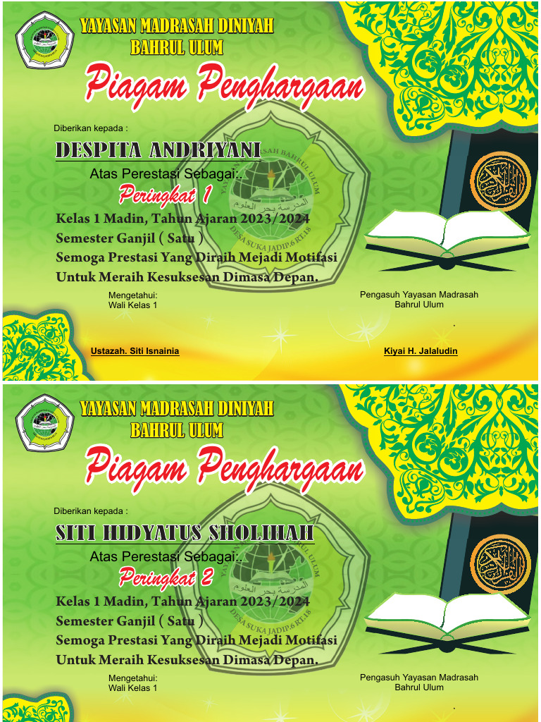 Piagam Penghargaan Siswa Berprestasi | PDF