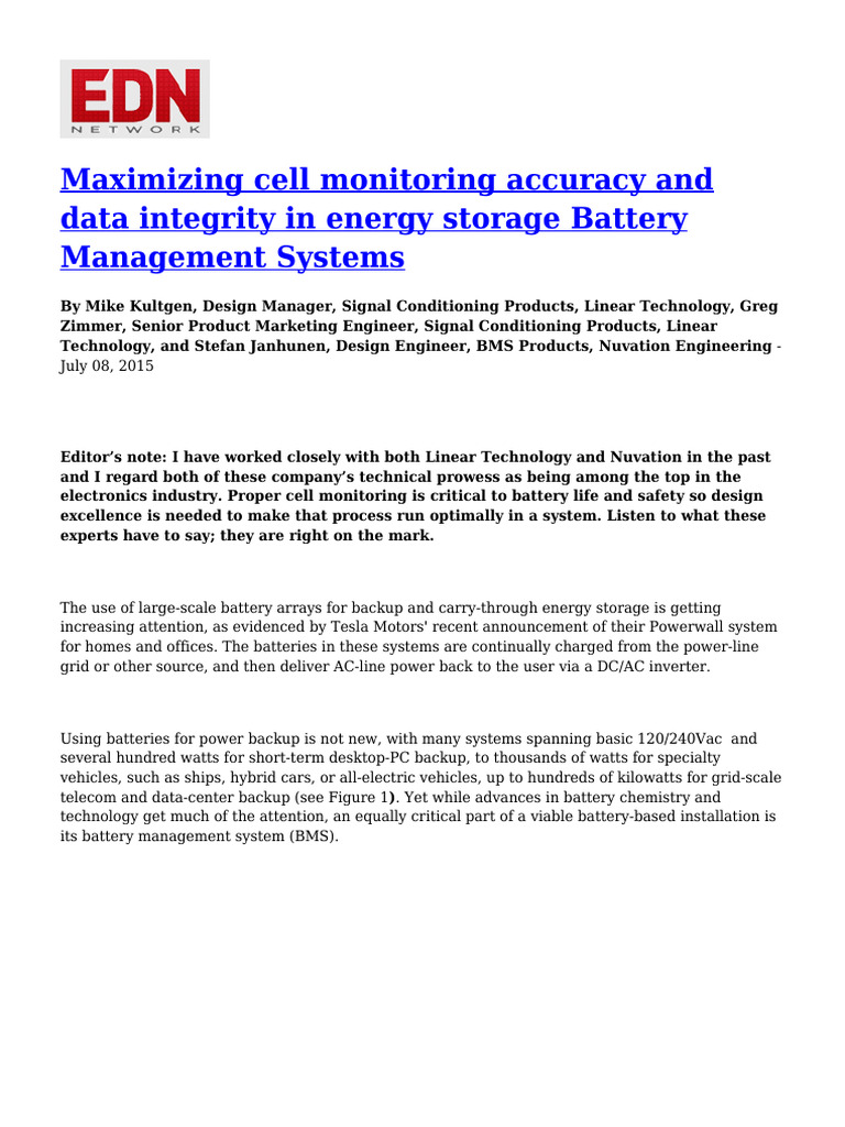 Maximizing Cell Monitoring Accuracy and Data Integrity in Energy Storage Battery Management ...