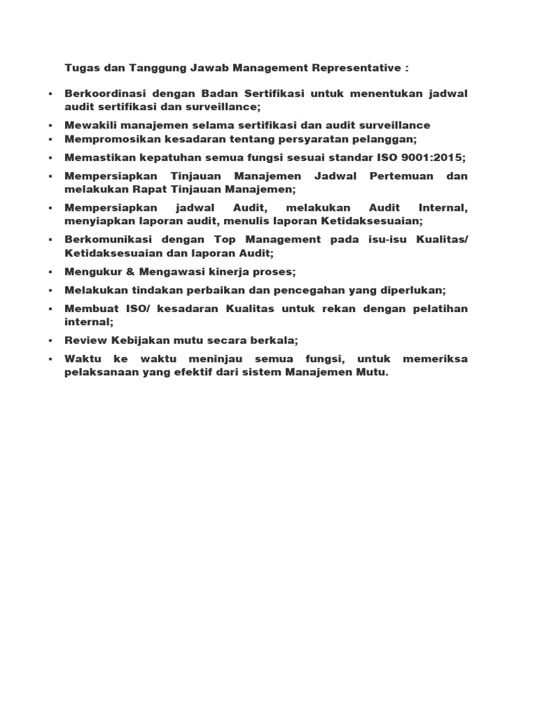 Tugas Dan Tanggung Jawab Management Representative | PDF