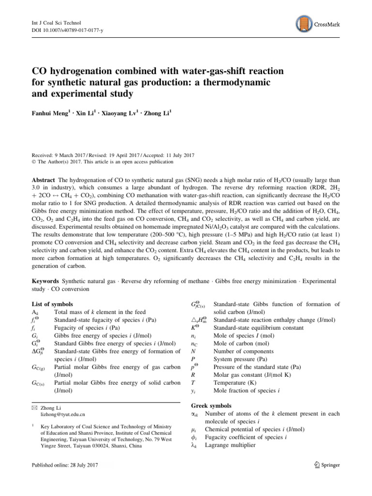 CO Hydrogenation Combined With Water-Gas-Shift Reaction For Synthetic Natural Gas Production: A ...
