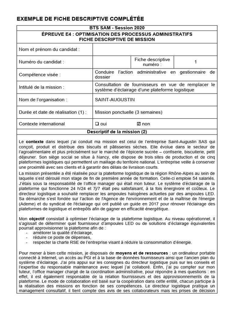Fiche descriptive mission E4 BTS SAM | PDF | Logistique ...