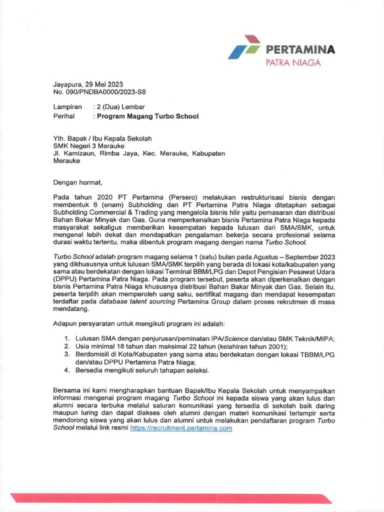 Program Magang Turbo School-Pertamina Juni 2023 | PDF