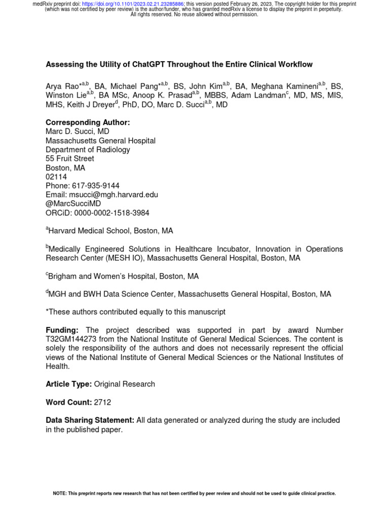 Assessing The Utility of ChatGPT Throughout The Entire Clinical Workflow | PDF | Medical ...