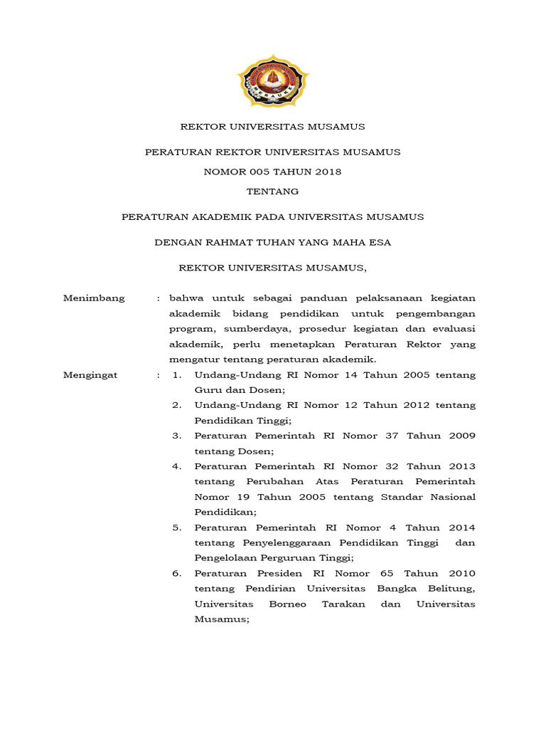 Peraturan Rektor Peraturan Akademik Unmus | PDF