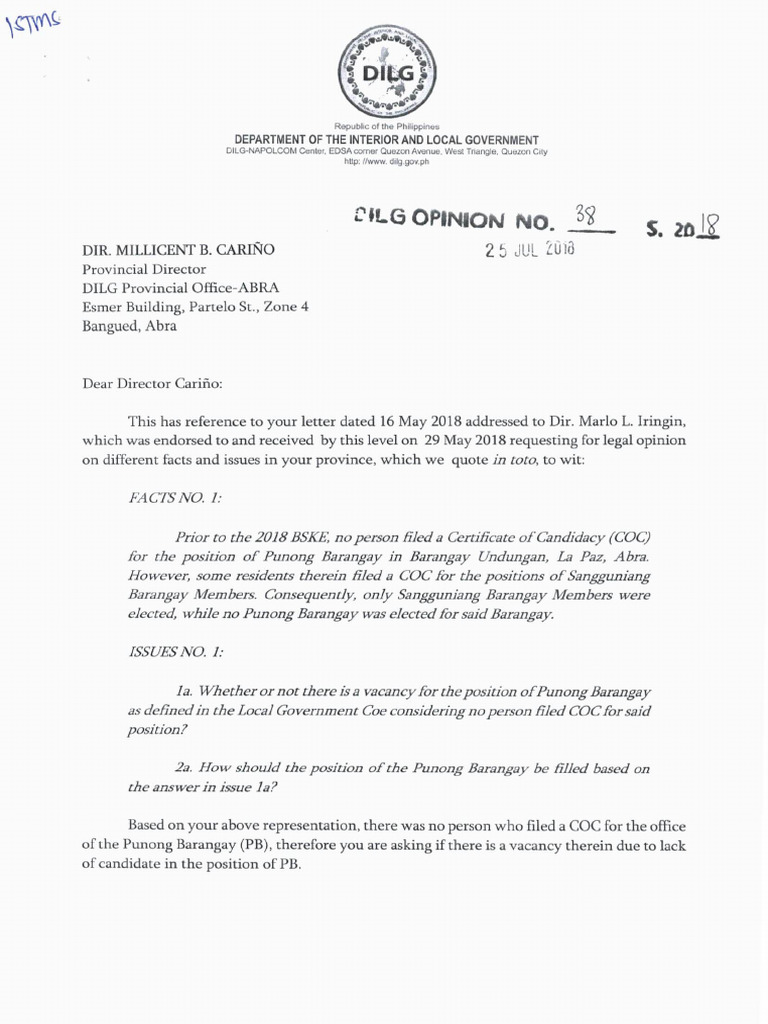 DILG Opinion No. 38 Series of 2018 | PDF