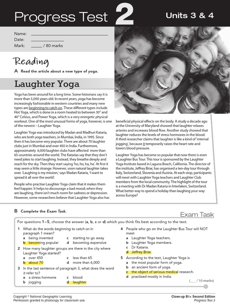 b1 Progress Test 2-Key | PDF | Laughter