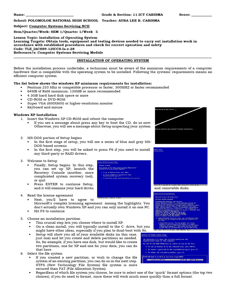 Q1 Week 5 - Operating System Installation | PDF | File System | Booting