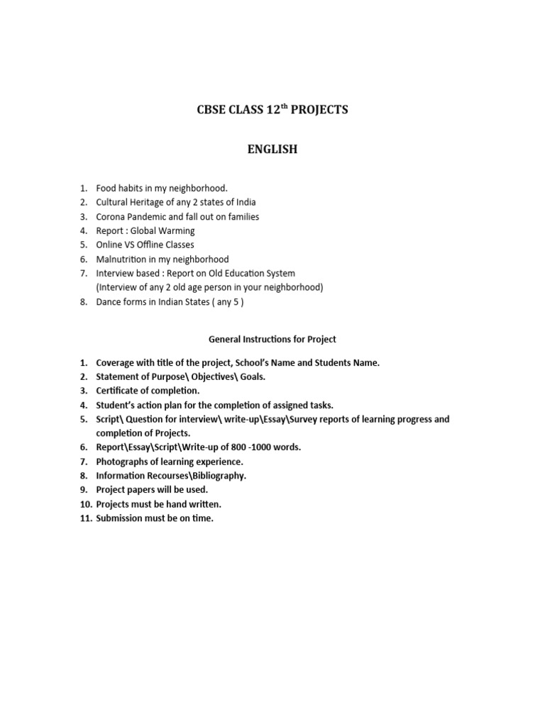 Cbse Class 12 Project Name List English | PDF