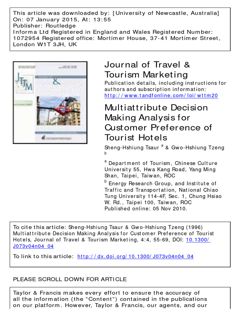 Multiattribute Decision Making Analysis For Customer Preference Of Tourist Hotels Pdf 