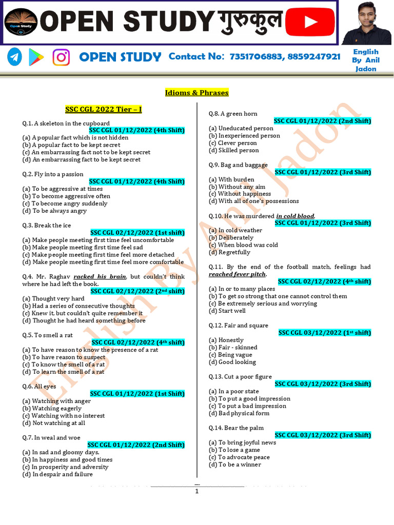 Idioms (580) by Anil Jadon Sir | PDF