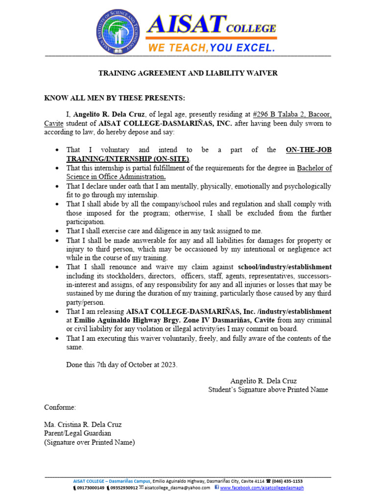 AISAT OJT Training Agreement and Liability Waiver | PDF | Legal Liability | Ethical Principles