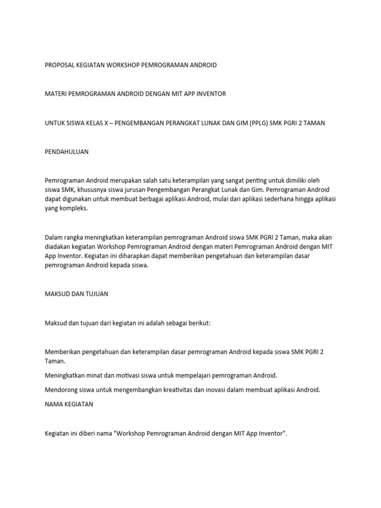Proposal Kegiatan Workshop Pemrograman Android | PDF