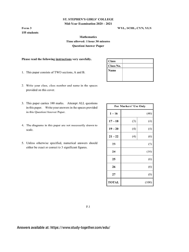 ST - Stephen - Girl - College - F3 Maths 20-21 My PDF | PDF