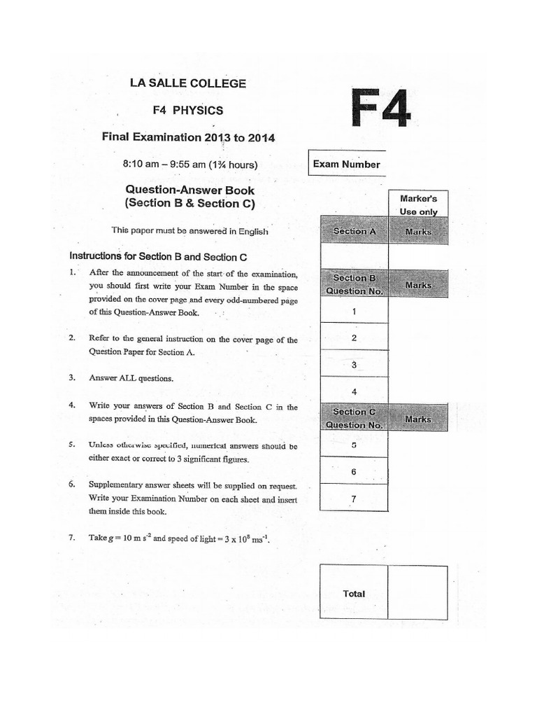 La Salle 2013-2014 Final Exam F4 Physics | PDF