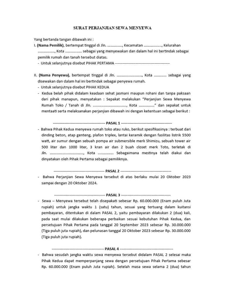 Contoh Surat Perjanjian Sewa Menyewa Ruko (2023) | PDF