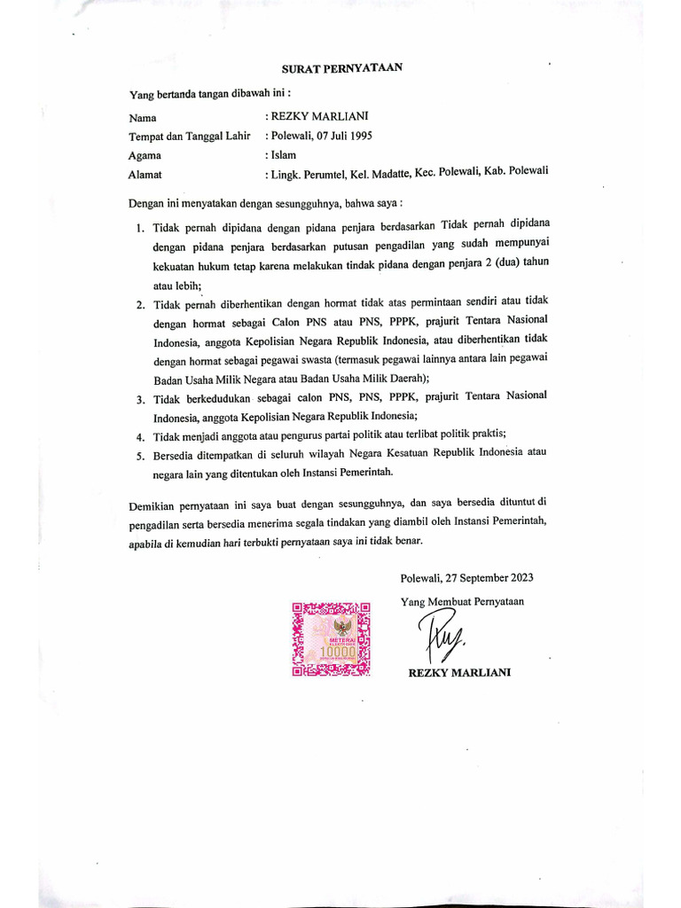 Surat Pernyataan E-Matrai | PDF