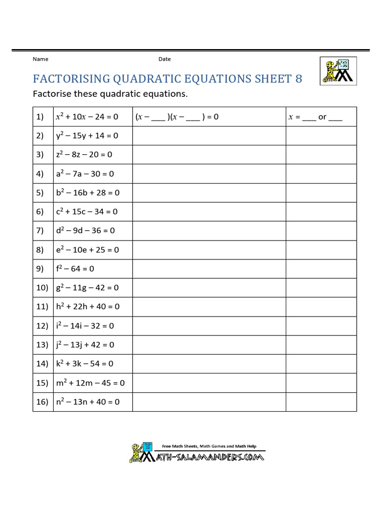 Factorising Quadratic Equations Worksheet | PDF