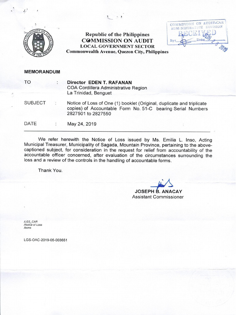 Notice of Loss of One Booklet of Accountable Form No. 51-C Dated May 24 ...