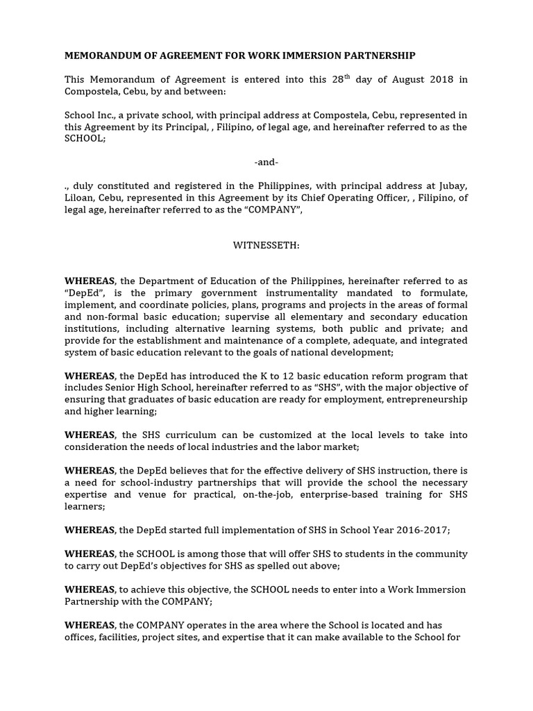 Work Immersion Partnership MOA | PDF | Employment | Business