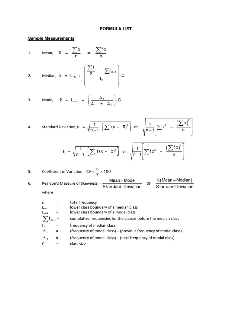 Formulas (Appendix) | PDF | Mode (Statistics) | Skewness