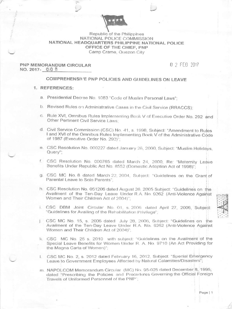 Comprehensive PNP Policies and Guidelines On Leave PNP MC No. 2017-008 ...