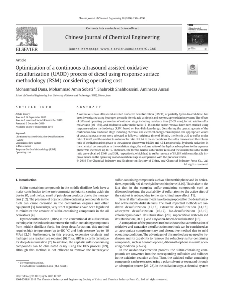 Optimization of A Continuous Ultrasound (UAOD) Process of Diesel Using Response Surface ...
