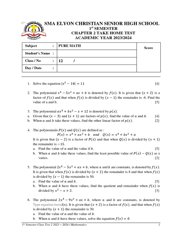 Take Home Test Chapter 1 Pure Math 2 | PDF | Polynomial | Equations
