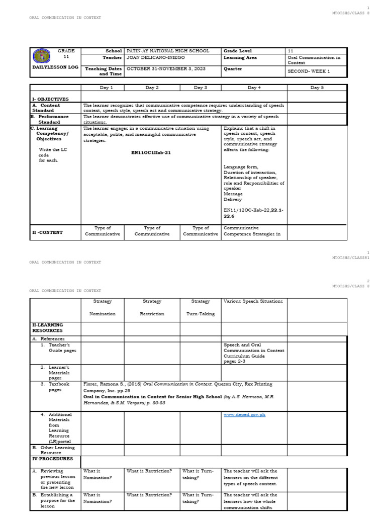 Oral Communication Lesson Plan for Grade 11 | PDF | Communication ...