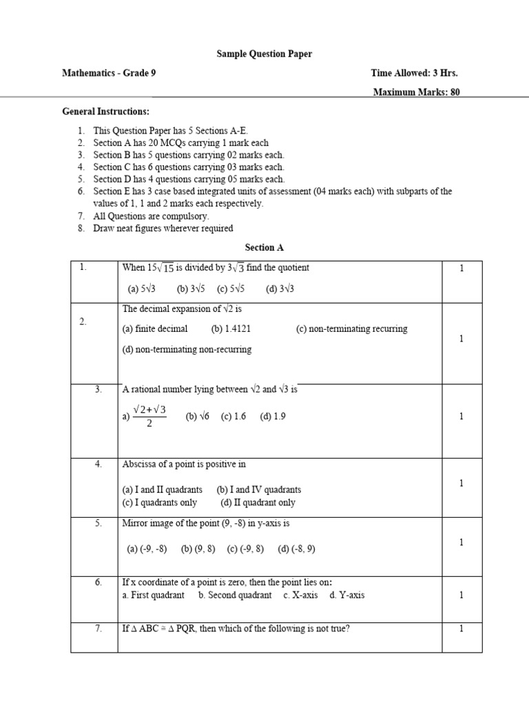 Grade 9 Mathematics Sample Paper | PDF | Triangle | Cartesian ...