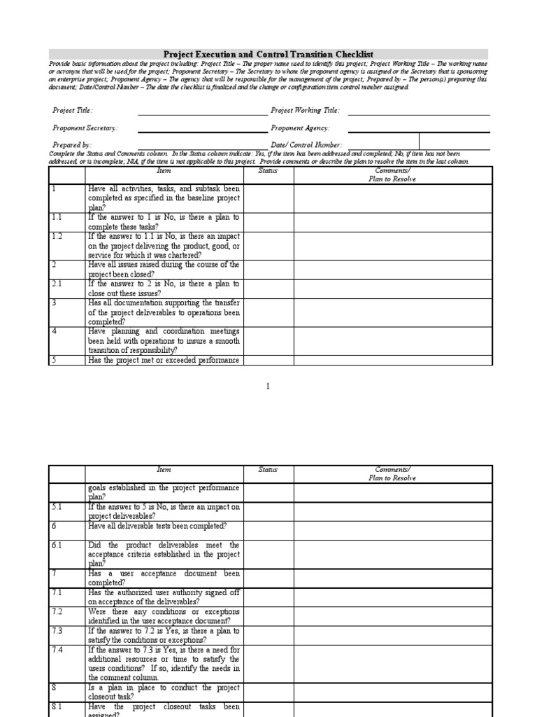 Project Execution and Control Transition Checklist | Computing | Technology