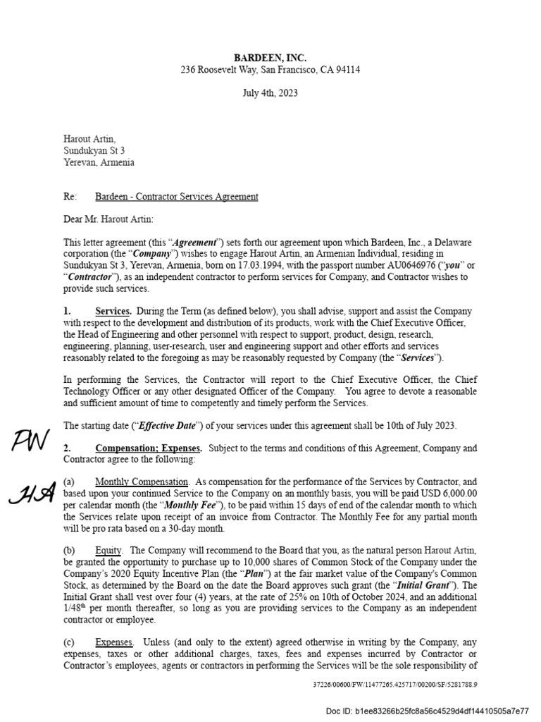 Harout Artin - Bardeen - Contractor Agreement | PDF | Employment ...