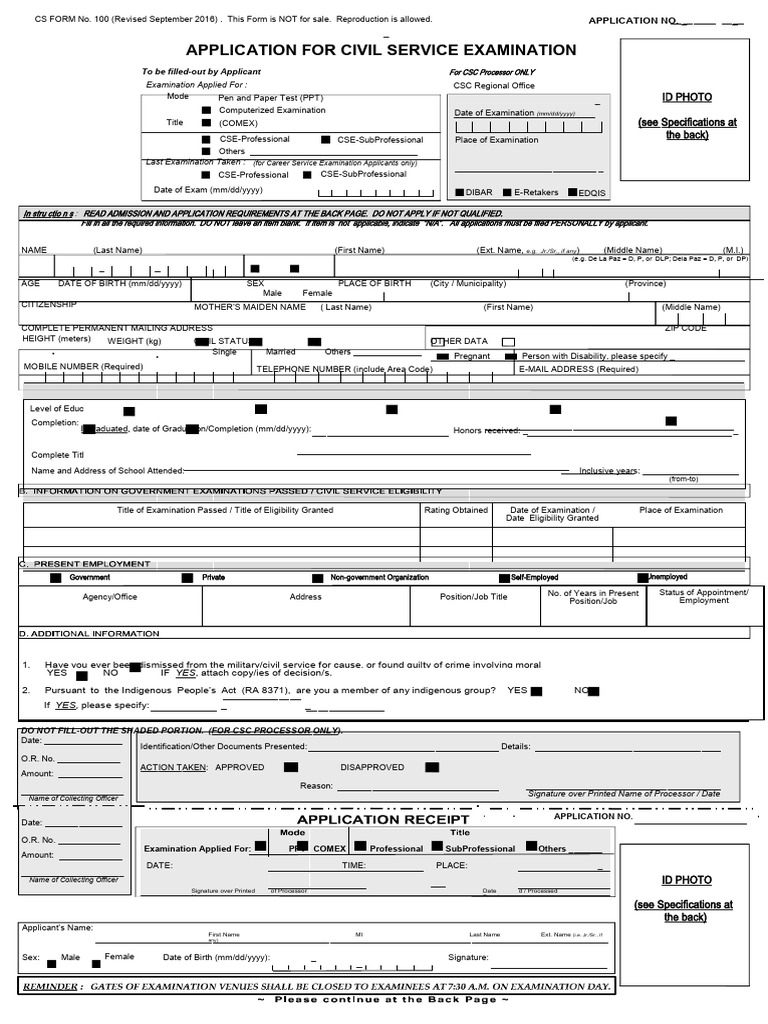 Civil Service Examination Form No. 100 Revised September 2016 | PDF ... Civil Service Examination Form No. 100 Revised September 2016 | PDF ...