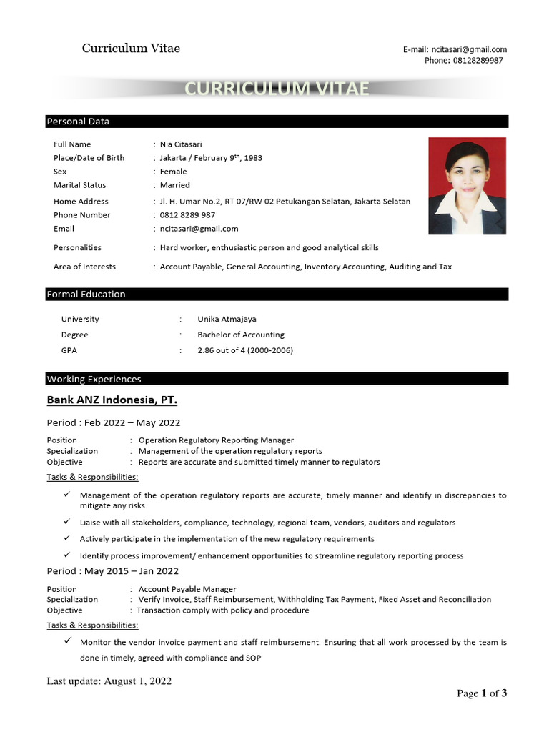 Nia Citasari-Curriculum Vitae | PDF | Accounts Payable | Audit