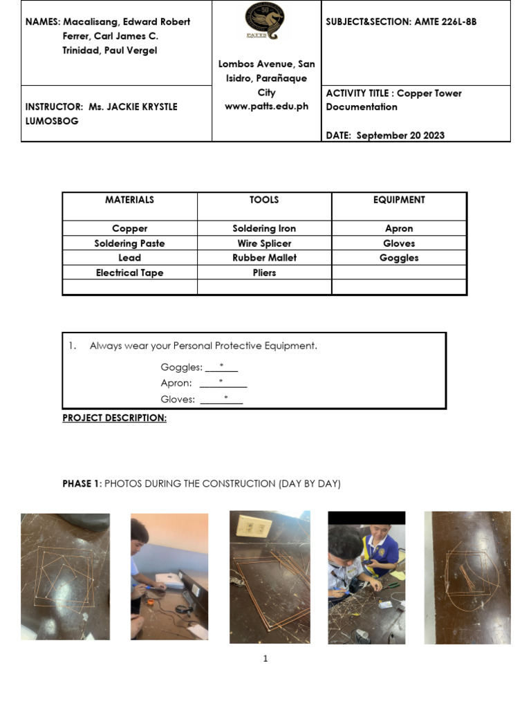 Final AMTE 226L PRELIM COPPER TOWER DOCUMENTATION | PDF