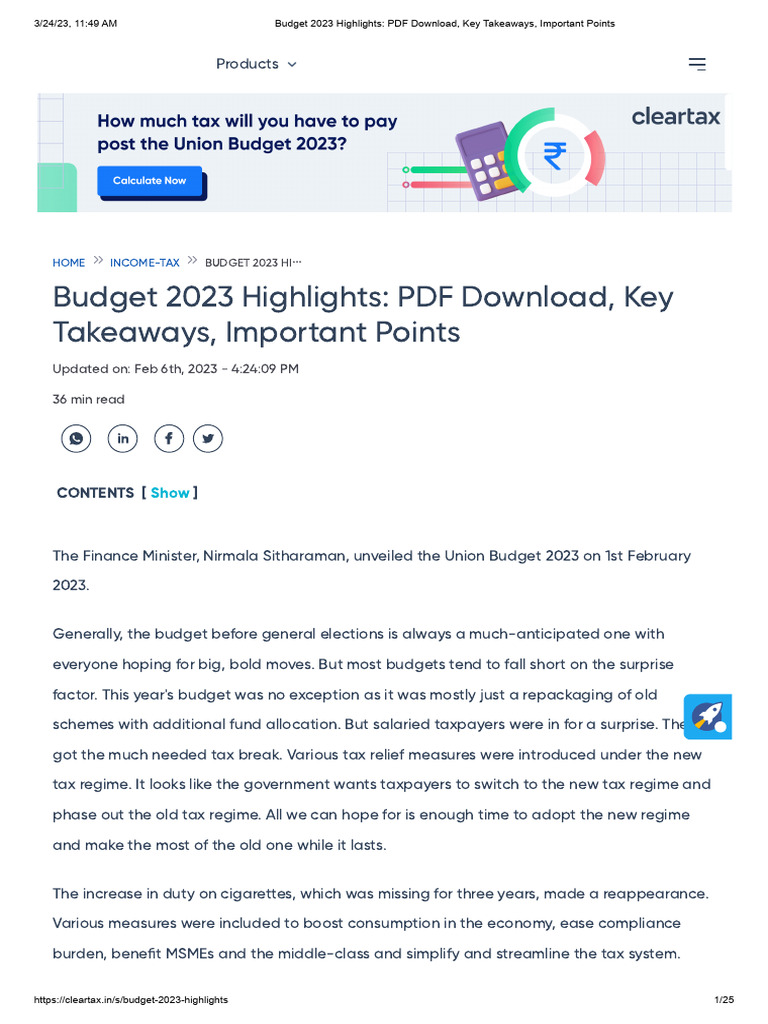 Budget 2023 Highlights - PDF Download, Key Takeaways, Important Points | PDF | Taxes | Money