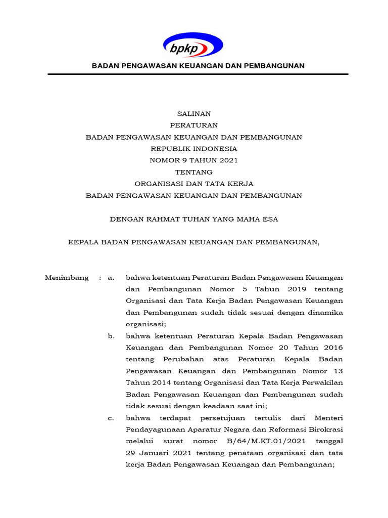 Peraturan BPKP Nomor 9 Tahun 2021 | PDF | Pengelolaan Keuangan & Uang