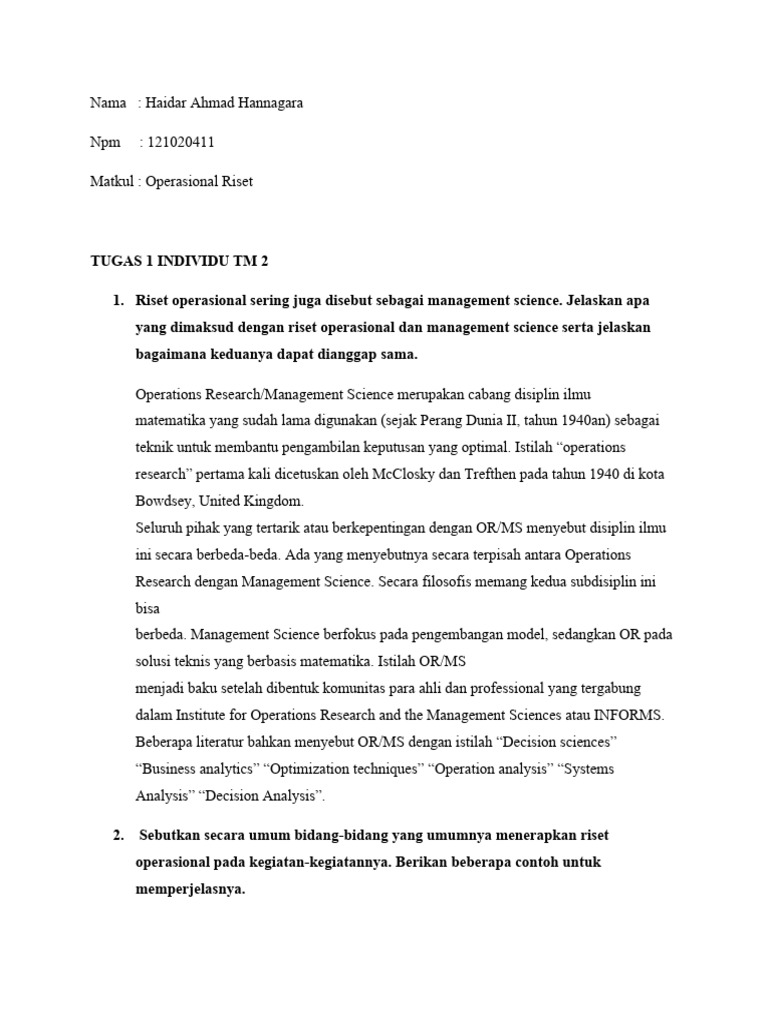 TUGAS Oprasional Riset Haidar Ahmad | PDF | Karier & Perkembangan | Bisnis