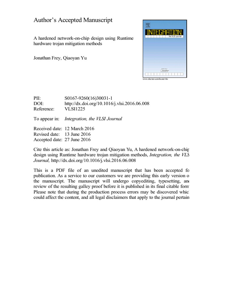A Hardened Network-On-Chip Design Using Runtime Hardware Trojan Mitigation Methods | PDF | Art ...
