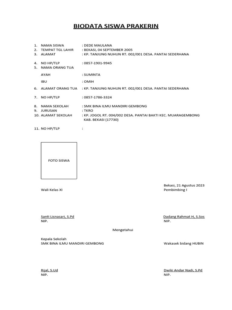 Biodata Siswa PSG Pt. | PDF